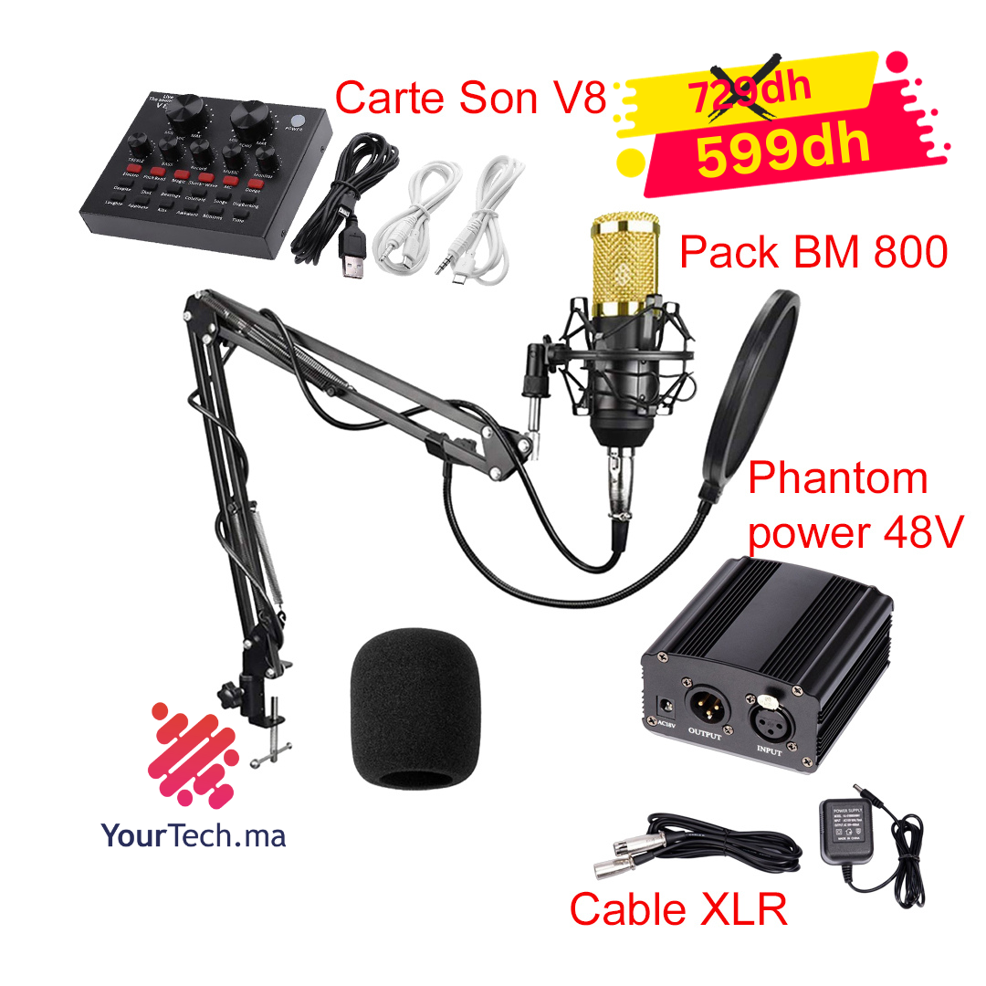 Microphone BM800 avec carte son V8 et phantom power48V – Yourtech.ma