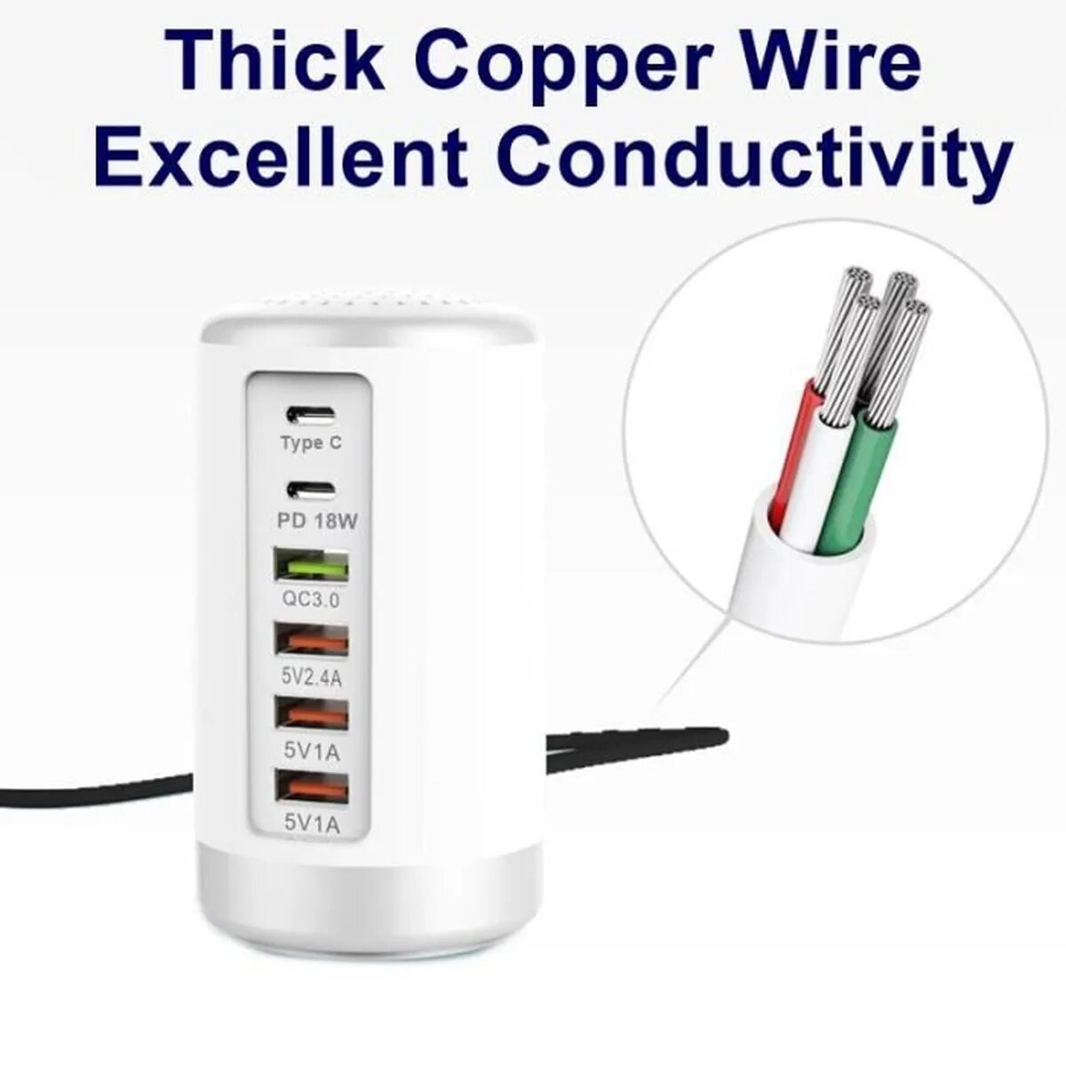 PD Charge Rapide Cylindrique 65W 6 ports USB QC3.0 Chargeur Type-C ...